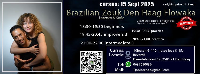 🌟 Brazilian Zouk Den Haag (Intermediat 3-course (10 classes) Sept 15 th 2025 — Flowaka Zouk Den Haag